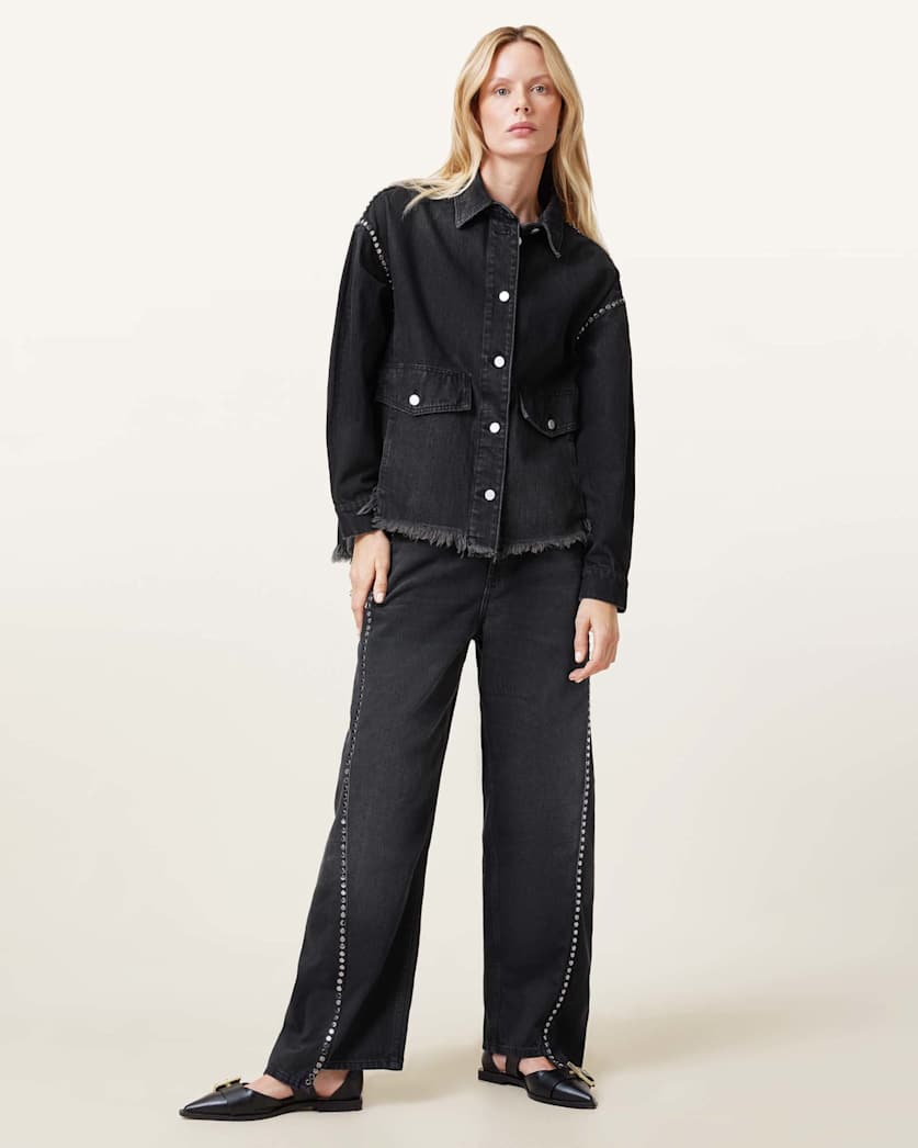 Hettie Studded Oversized Denim Shacket Washed Black | ALLSAINTS